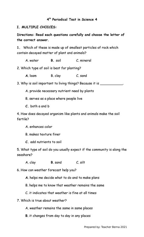 Test In Science 4 MULTIPLE CHOICES Directions Read Each Questions Carefully And Choose The