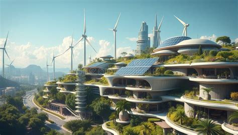 A Futuristic City Powered By Renewable Energy Wind Turbines And Solar