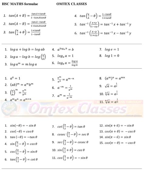 Omtex Classes Hsc 12th Maths Formula For Board Exam 2020 Very Very Important Pdf Download