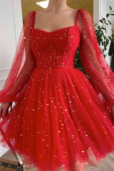 Long Sleeves Homecoming Dress 2022 Red Sparkly Tulle Short Hoco22