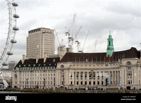 London UK 01 03 2017 Cranes At Shell Centre Redevelopment At Waterloo Behind County Hall Stock