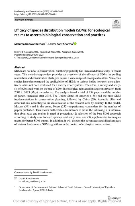 Efficacy Of Species Distribution Models Sdms For Ecological Realms To