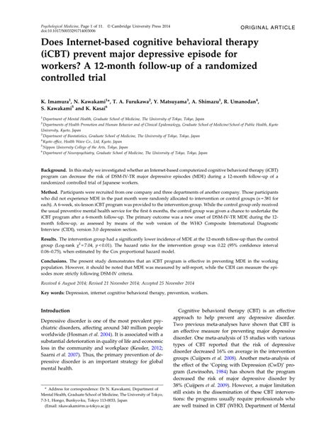Pdf Does Internet Based Cognitive Behavioral Therapy Icbt Prevent