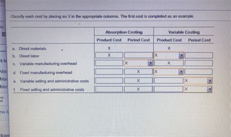 solved classify each cost by placing an x in the appropriate