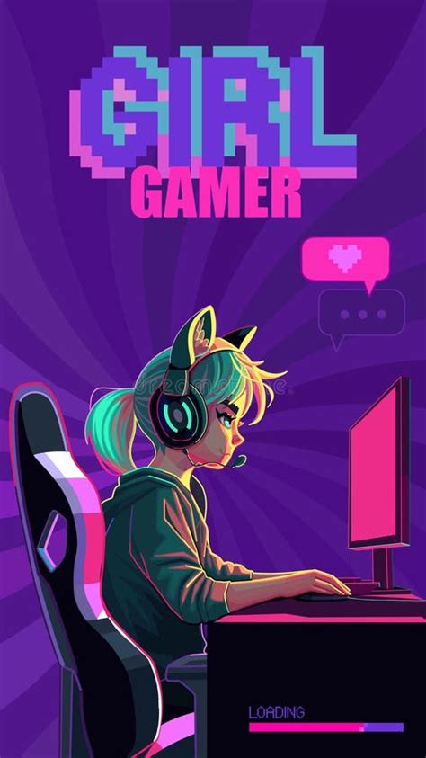 Girl Gamer Or Streamer With Cat Ears Headset Sits At A Computer Stock