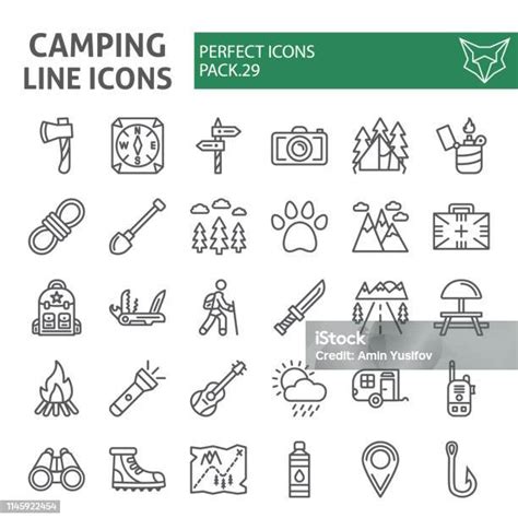 캠핑 라인 아이콘 세트 하이킹 기호 컬렉션 벡터 스케치 로고 일러스트 여행 표지판 흰색 배경에 고립 된 선형 픽토그램 패키지