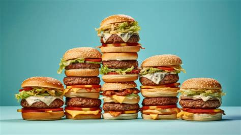 Huge Heap Of Burgers Of All Sorts On A Light Blue Background Stock Illustration Illustration