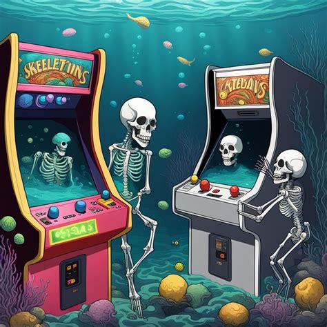 Skeletons Playing Arcade Machines Underwater Ai Generated Artwork