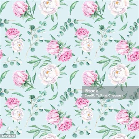 흰색과 분홍색 모란이 있는 매끄러운 수채화 패턴 파란색 배경에 유칼립투스 가지 웨딩 프린트 선물 포장지 주방 섬유 및 패브릭 프린트에 사용할 수 있습니다 결혼식에 대한 스톡