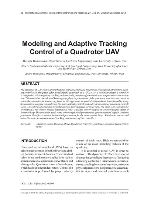 Pdf Modeling And Adaptive Tracking Control Of A Quadrotor Uav