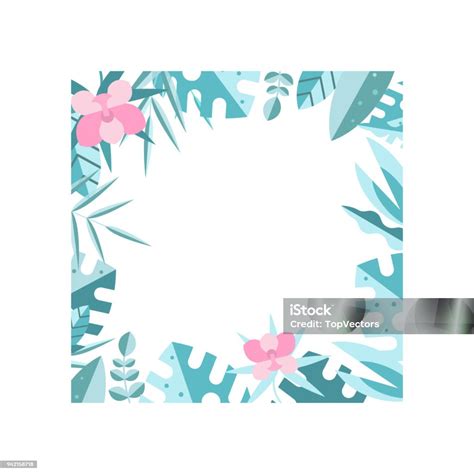 푸른 나뭇잎과 핑크색 꽃 컬러 사각 프레임에 의하여 이루어져 있다 원래 자연 테두리입니다 인사말 카드 또는 초대 장식 플랫 벡터 요소 나무에 대한 스톡 벡터 아트 및 기타