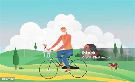 건강한 활동적인 라이프 스타일 시골 도로에서 자전거를 타는 노인 남자에 대한 스톡 벡터 아트 및 기타 이미지 남자 마을 운전하기 Istock