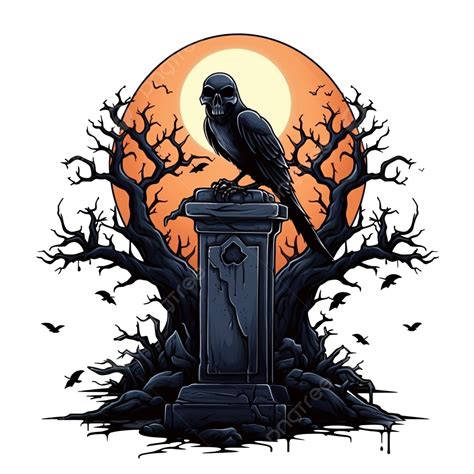 Dibujos Animados De Cuervo De Halloween Sobre Tumba Y Diseño De árbol