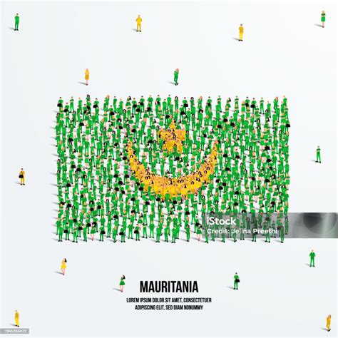 모리타니 플래그 모리타니 국기의 모양을 만들기 위해 많은 사람들이 형성합니다 벡터 일러스트레이션 개념에 대한 스톡 벡터 아트 및