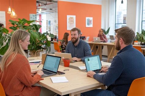 Modern Office Workers Collaborating At Desks In A Bright Workspace