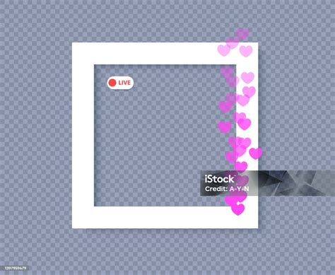 종이 컷 스타일의 스트림을위한 다채로운 하트 세트 소셜 미디어 게시물을위한 분홍색 하트와 흰색 사각형 프레임 라이브 스트리밍 블로깅 라이브 긍정적 인 반응 템플릿 벡터