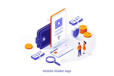 남자와 여자가 스마트 폰 돈 은행 카드에 서있는 개념적 인 템플릿입니다 모바일 지갑 앱 비접촉식 전자 결제를 위한 장면 웹 사이트에 대 한 현대 Isometric 벡터 그림