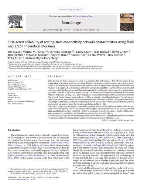Pdf Test Retest Reliability Of Resting State Connectivity Network Characteristics Using Fmri