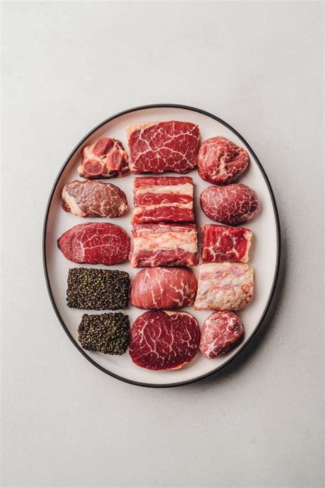 Assorted Cuts Of Raw Beef And Lamb On Oval Plate With Seasoned Pieces
