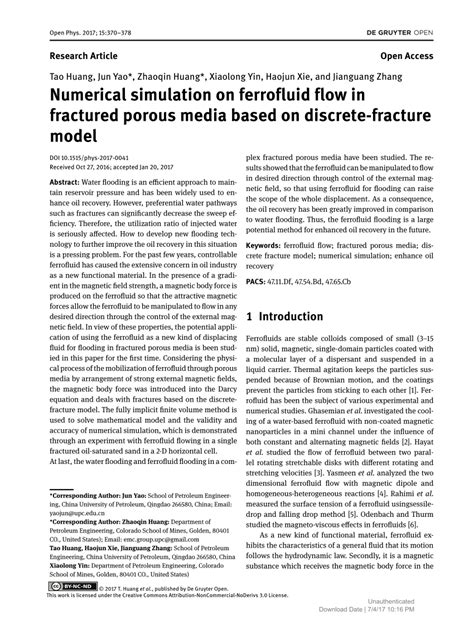 Pdf Numerical Simulation On Ferrofluid Flow In Fractured Porous Media Based On Discrete