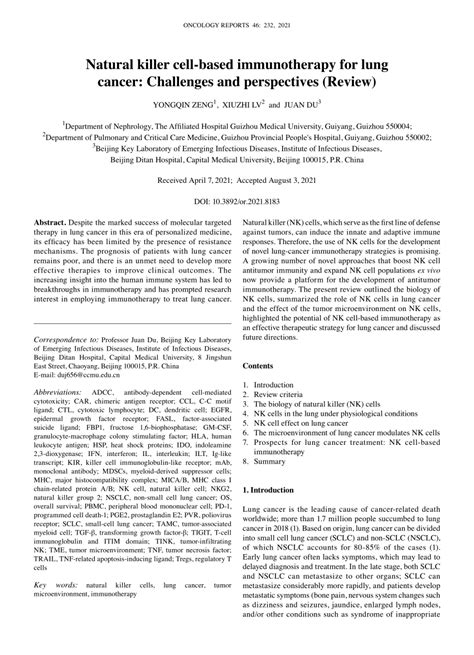 Pdf Natural Killer Cell‑based Immunotherapy For Lung Cancer