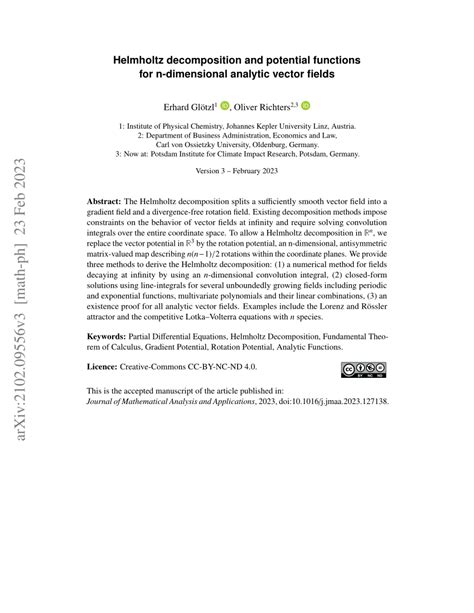 Pdf Helmholtz Decomposition And Potential Functions For N Dimensional