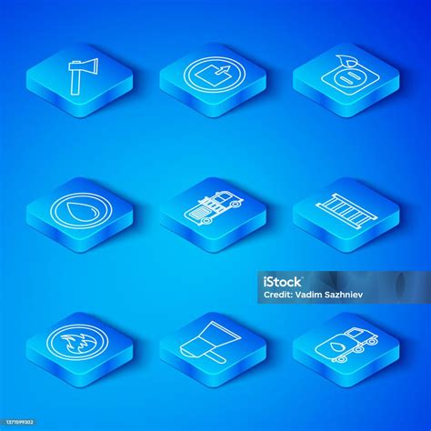 세트 라인 화재 불꽃 트럭 메가 폰 탈출 화재에 소켓의 전기 배선 물 방울 소방관 도끼와 배달 아이콘 벡터 3차원 형태에 대한 스톡 벡터 아트 및 기타 이미지 Istock