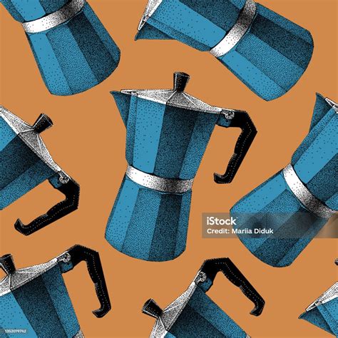 매끄러운 패턴 블루 색상의 간헐천 커피 메이커 모카 냄비 이탈리아 모카 익스프레스 빈티지 벡터 일러스트 사실적인 스케치 포인시즘