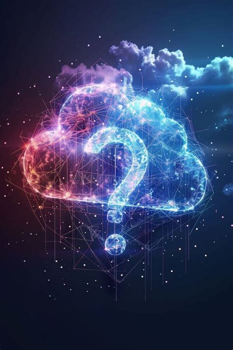 Abstract Glowing Polygonal Cloud Computing With Question Mark On Night Sky Background Stock