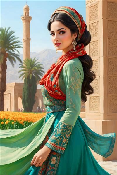 ترکیب نقاشی و معماری در تصویر دختر جوان ایرانی با شال 1727334