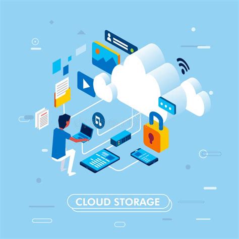 Modern Isometric Design Of Cloud Storage Concept With Man Working On Laptop Accessing Cloud