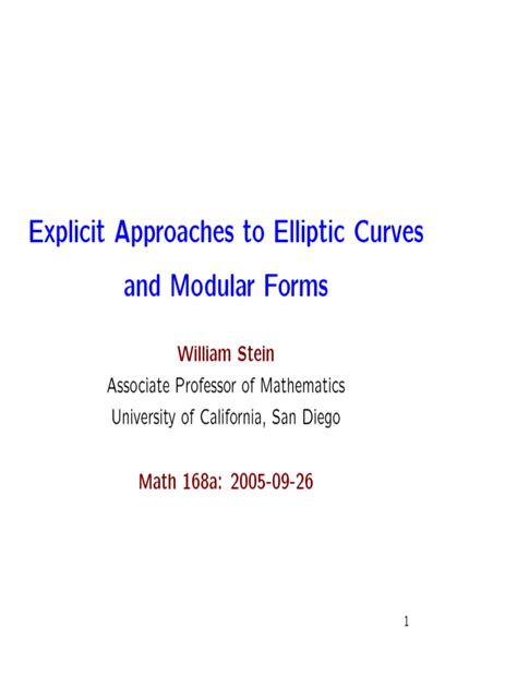 Stein Explicit Approaches To Elliptic Curves And Modular Forms Pdf Fermats Last Theorem