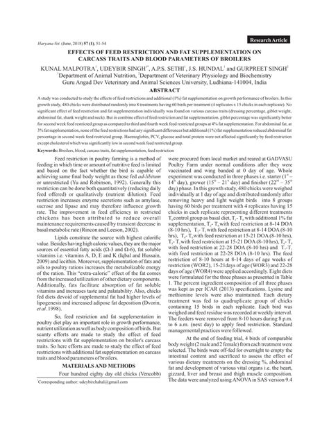 Pdf Effect Of Feed Restrictions An Fat Supplementation On Carcass