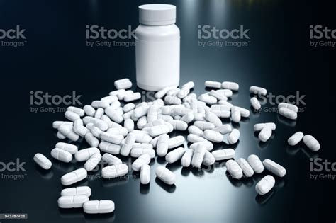 3d 렌더링 항아리 표면에 흩어져 흰색 알 약 알 약에 대 한 치료의 약 제약 준비입니다 의료 제품입니다 3차원 형태에 대한 스톡 사진 및 기타 이미지 Istock