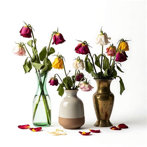 Wilting Roses In Vases Show Fading Beauty And Time S Passage Stock