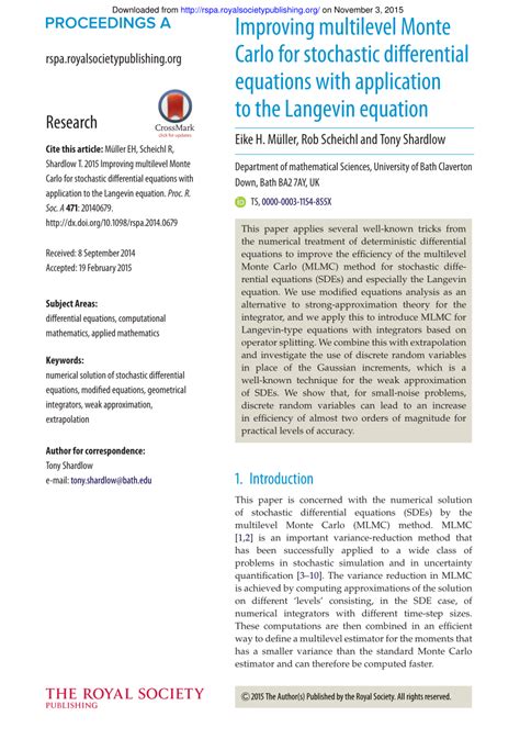 Pdf Improving Multilevel Monte Carlo For Stochastic Differential Equations With Application To