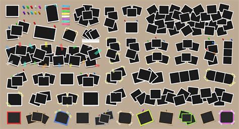 스티커 테이프 핀 및 리벳에 현실적인 벡터 사진 프레임의 메가 팩 템플릿 사진 디자인입니다 컬러 금속 핀과 종이 스티커 세트입니다 베이지색 배경에 고립 벡터 일러스트 0명에