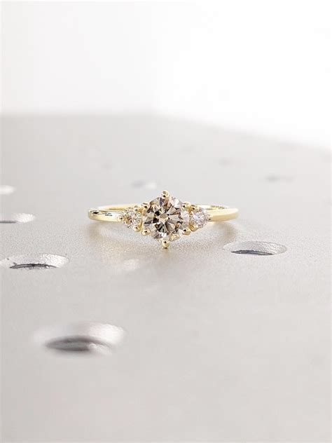 Round Cut Champagne Diamond Ring 18k Yellow Gold Engagement Ring Art