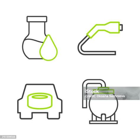 세트 라인 오일 탱크 저장 자동차의 스페어 휠 전기 케이블 플러그 충전 및 휘발유 시험관 아이콘 벡터 가솔린에 대한 스톡 벡터 아트 및 기타 이미지 Istock