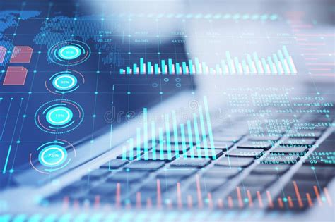 Close Up Of Laptop With Glowing Digital Interface Business Charts And Coding Language Future