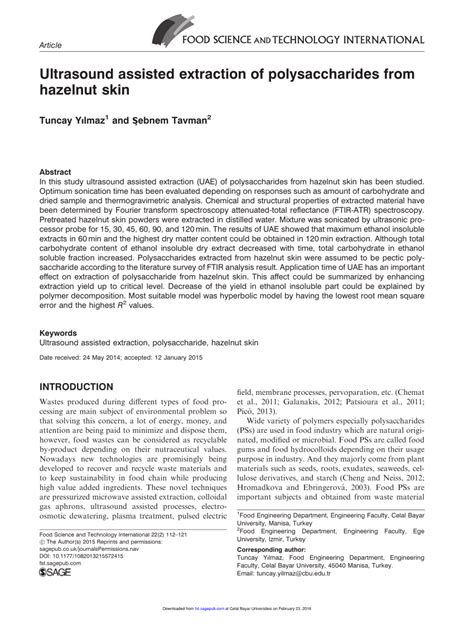 Pdf Ultrasound Assisted Extraction Of Polysaccharides From Hazelnut Skin