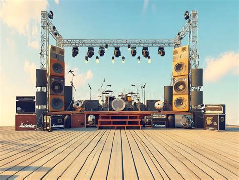 A Concert Stage Setup Featuring Musical Instruments And Speakers For A