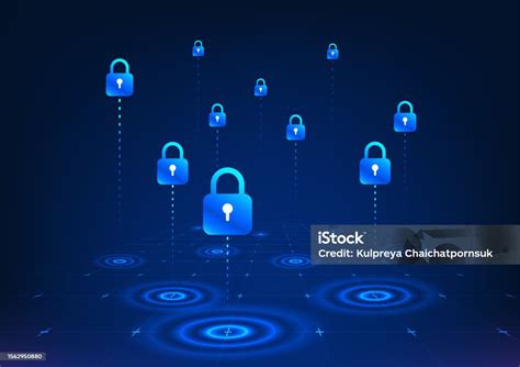 보안 기술 사이버 데이터를 분실 및 도난으로부터 보호하고 본인 확인이 필요한 기술입니다 잠금 장치까지 올라가는 데이터 라인이 있는 테이블입니다 0명에 대한 스톡 벡터 아트