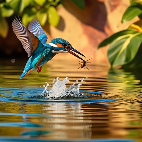 A Kingfisher Bird Diving Towards The Water To Catch An Insect Premium