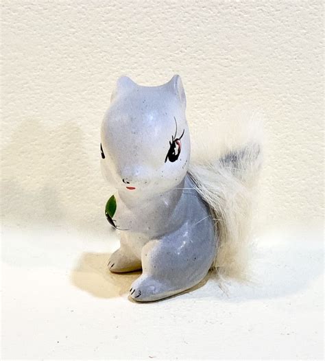 Vintage 1950s Squirrel Figurine Fur Tail Enesco Japan Mid Century