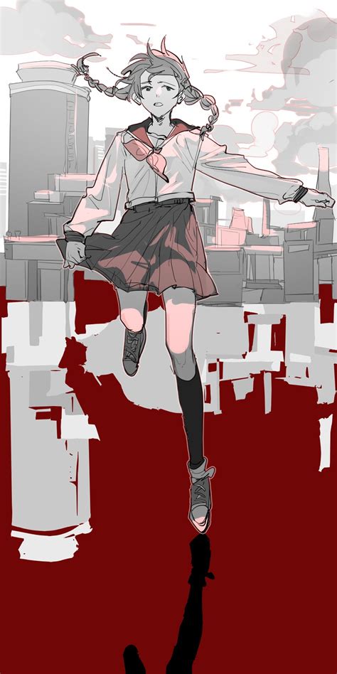 Safebooru 1girl Black Eyes Black Skirt Black Socks Braid Cityscape