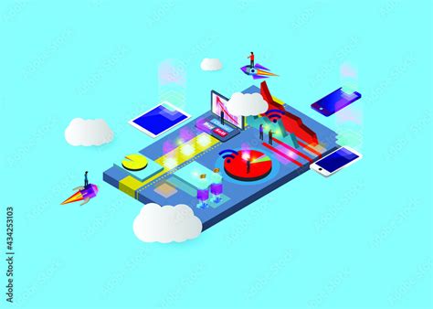 Isometric Concept Of Business Team Analyzing Data Charts And Graphs