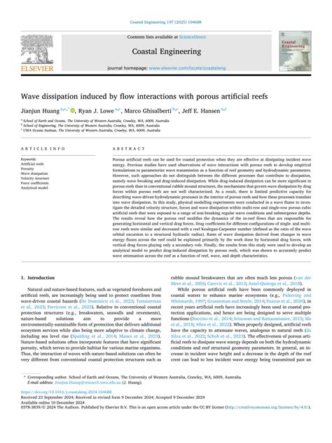 Pdf Wave Dissipation Induced By Flow Interactions With Porous Artificial Reefs
