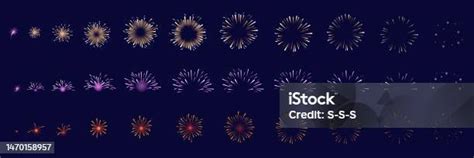 불꽃놀이 애니메이션 불꽃놀이 시퀀스 세트 수집 가벼운 입자 폭죽 폭발 효과 크리스마스 휴일 불꽃 폭발 2d 스프라이트 시트 깔끔한 벡터 일러스트레이션 불꽃놀이 오락 행사에