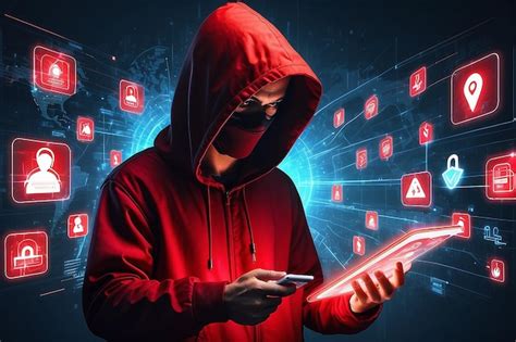 premium photo hooded man hacker finger touch tablet in hand double